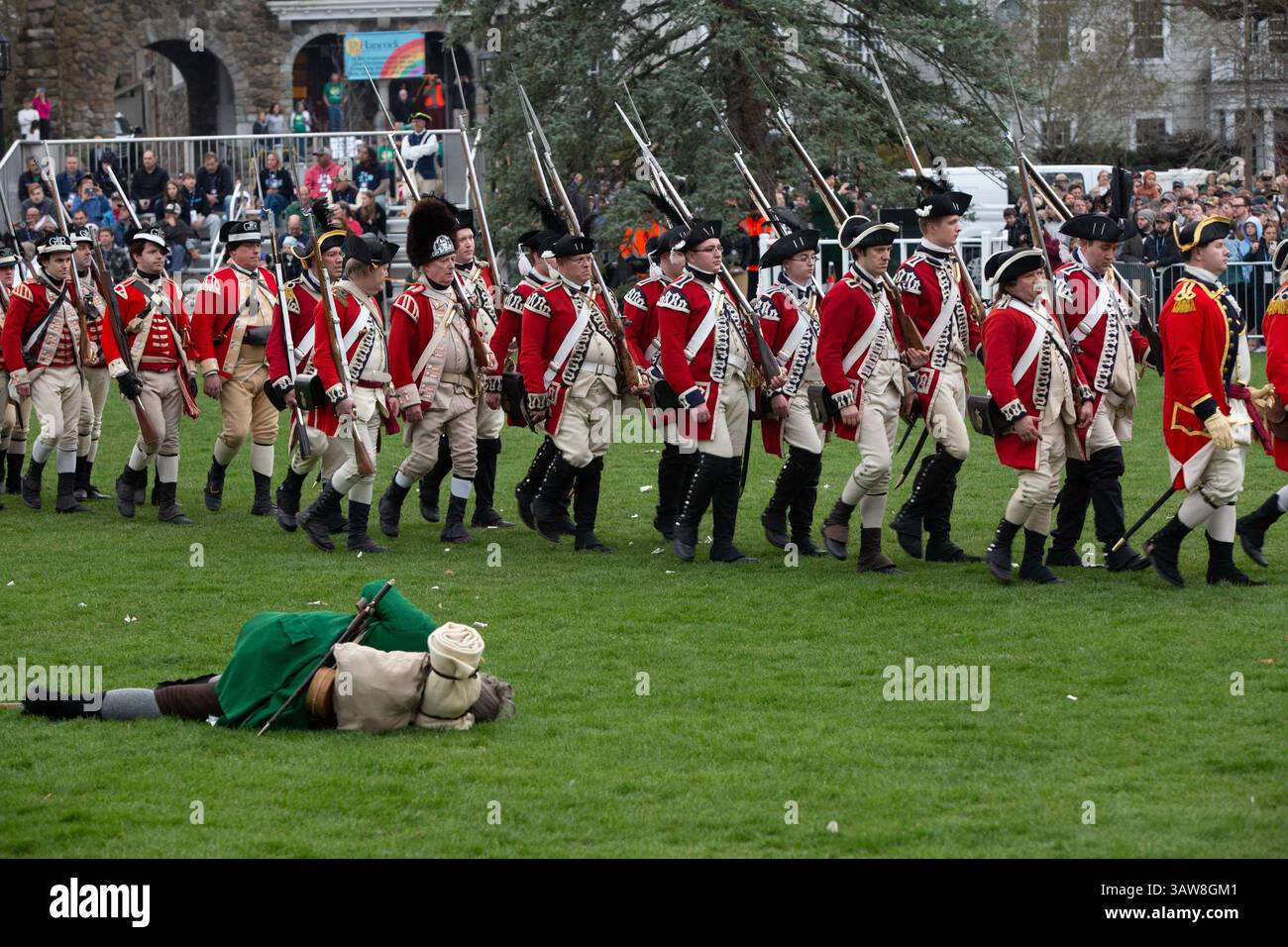 Lexington, USA. 19th Apr, 2025. Reenactors playing British Redcoats ...