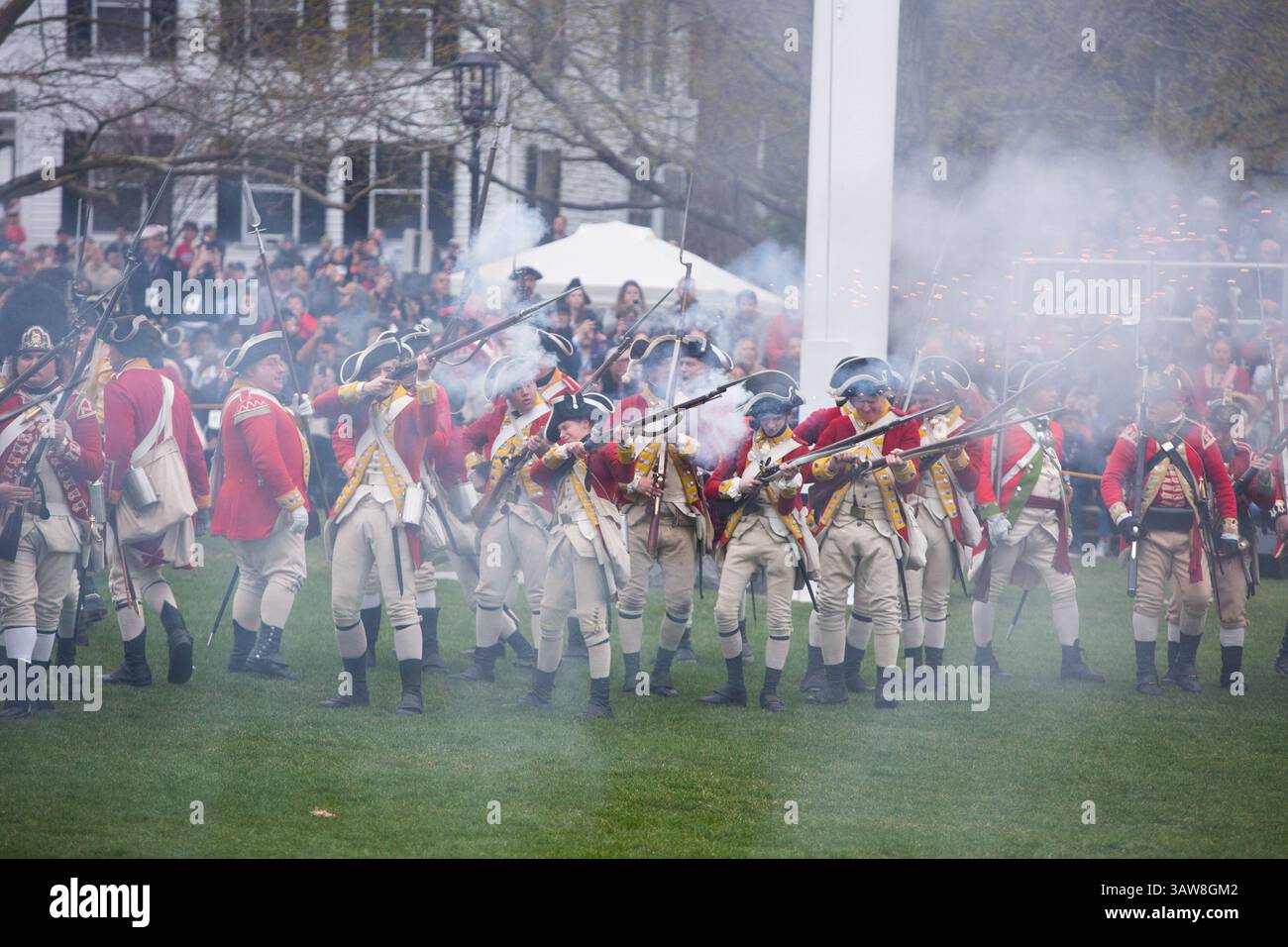 Lexington, USA. 19th Apr, 2025. Reenactors playing British Redcoats ...