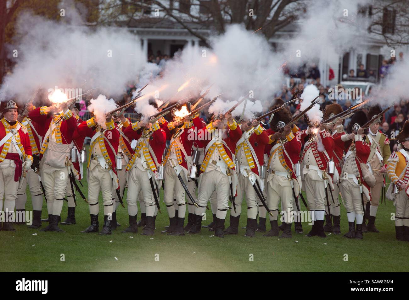 Lexington, USA. 19th Apr, 2025. Reenactors playing British Redcoats ...