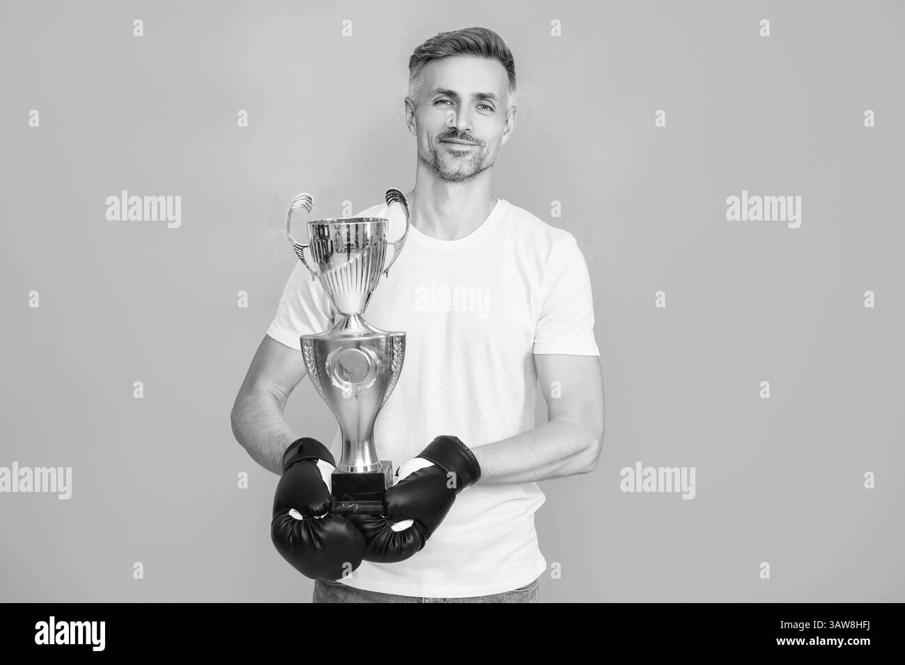 Man champion in boxing. Sport success and victory. Man hold champion ...
