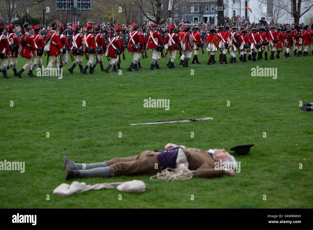Lexington, USA. 19th Apr, 2025. Reenactors playing British Redcoats ...