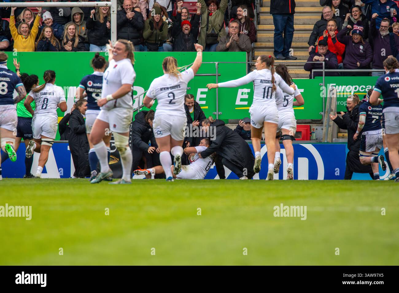 Leicester, UK, 19th April 2025 England captain Zoe Aldcroft (number 6 ...
