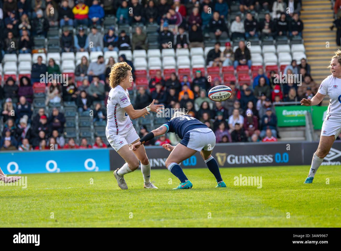 Leicester, UK, 19th April 2025 England fullback Ellie Kildunne offloads ...