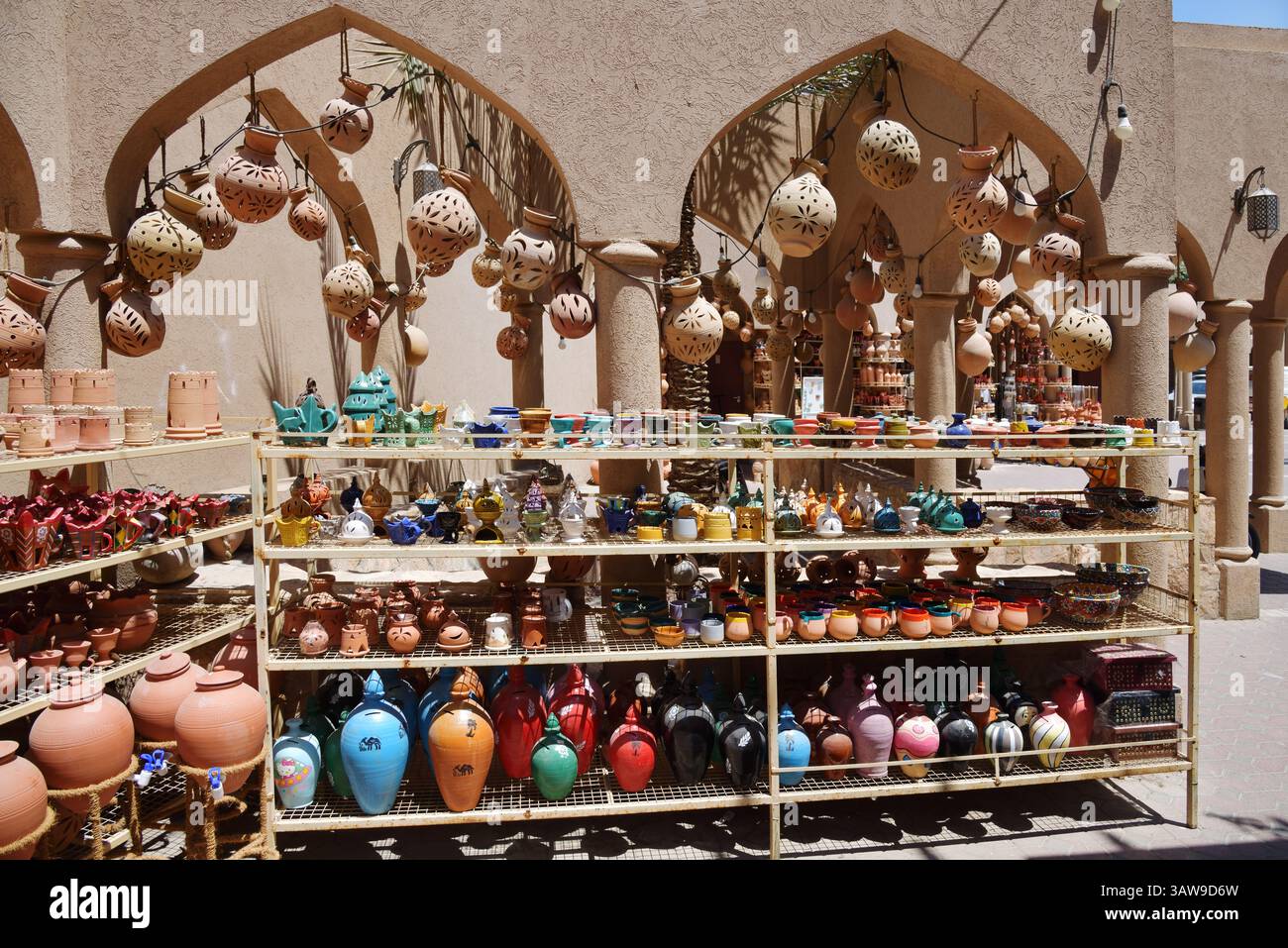 Sultanate of Oman. Old town of Nizwa, Souq. Traditional omani clay pots ...