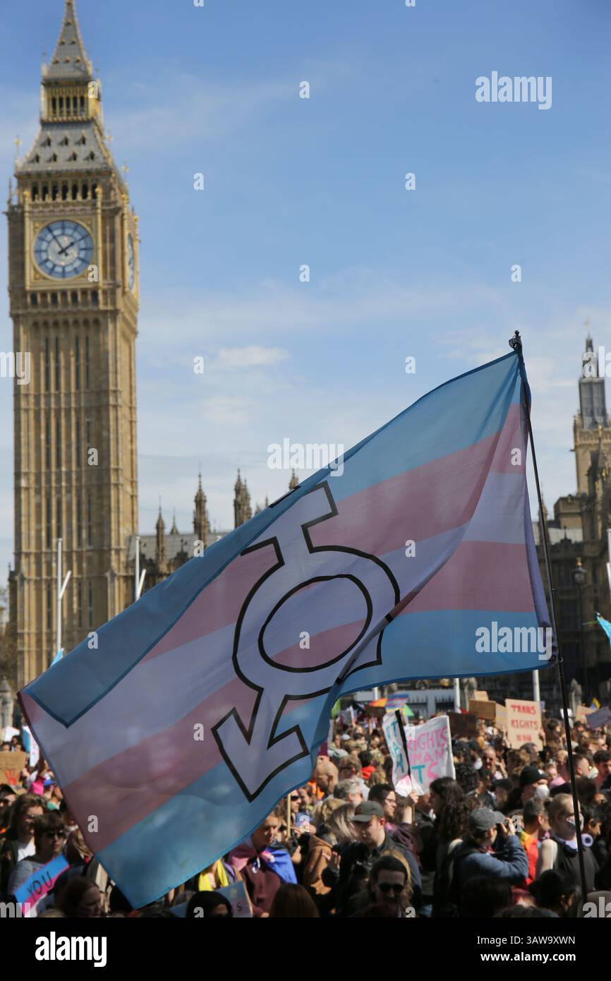 London, England, UK. 19th Apr, 2025. Supporters of trans right protest ...
