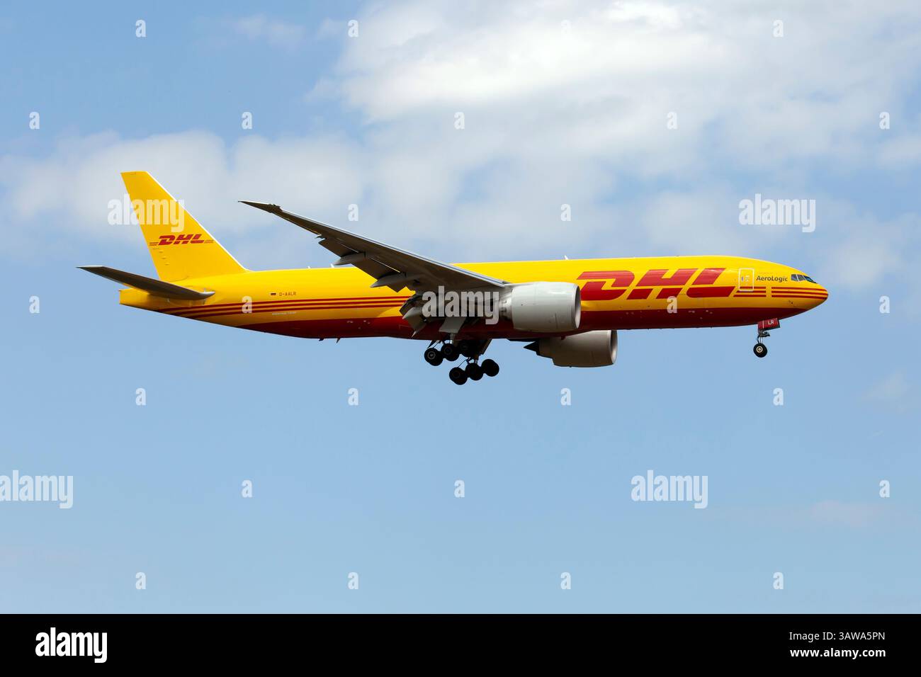 A DHL (AeroLogic) Boeing 777-FBT landing at Frankfurt Rhein-Main international Airport ...