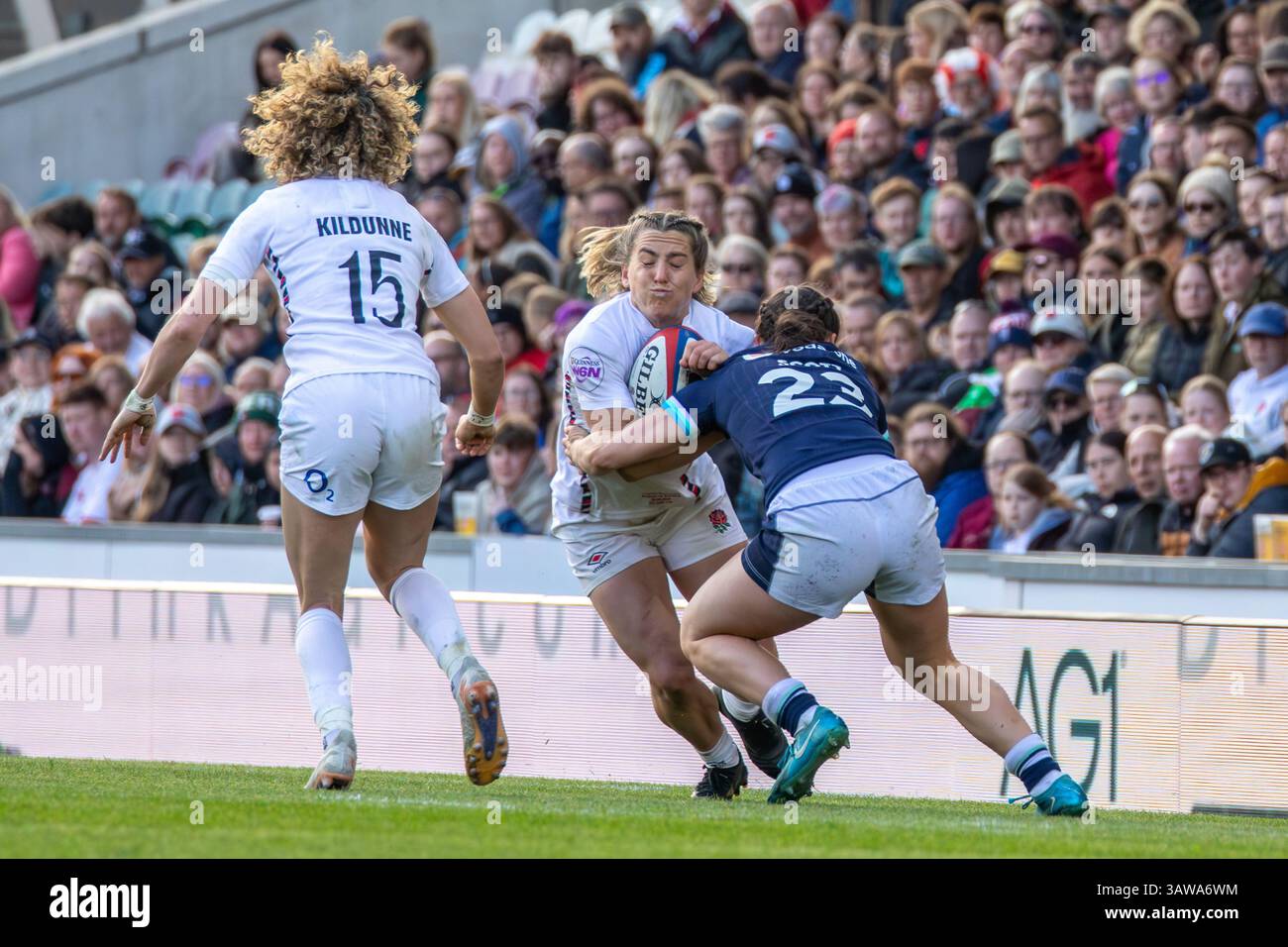 Leicester, UK, 19th April 2025 England wing Claudia MacDonald runs into ...