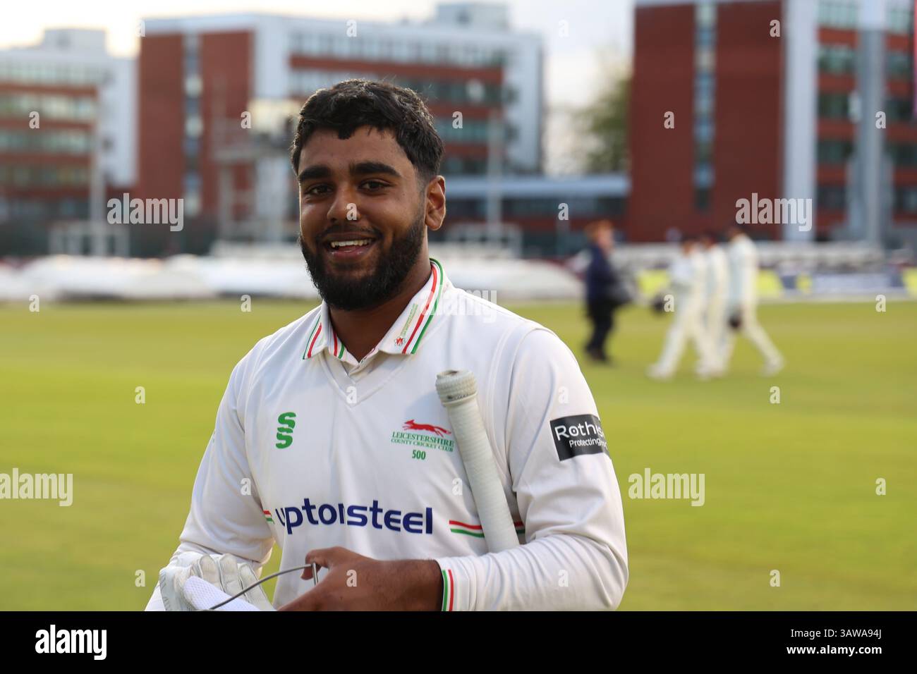 Leicestershire's Rehan Ahmed leaves the field unbeaten on 61 at the end ...