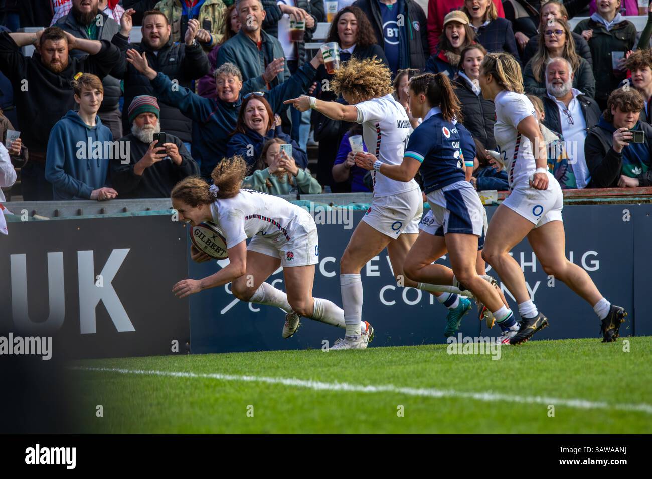 Leicester, UK, 19th April 2025 England wing Abby Dow can't be stopped ...