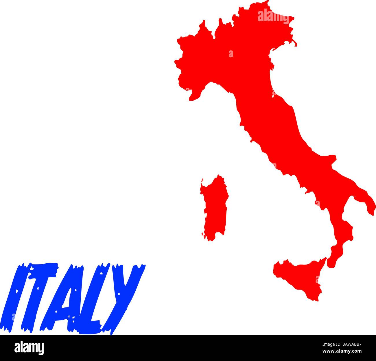 Red silhouette map of Italy with bold blue “ITALY” text. Isolated ...