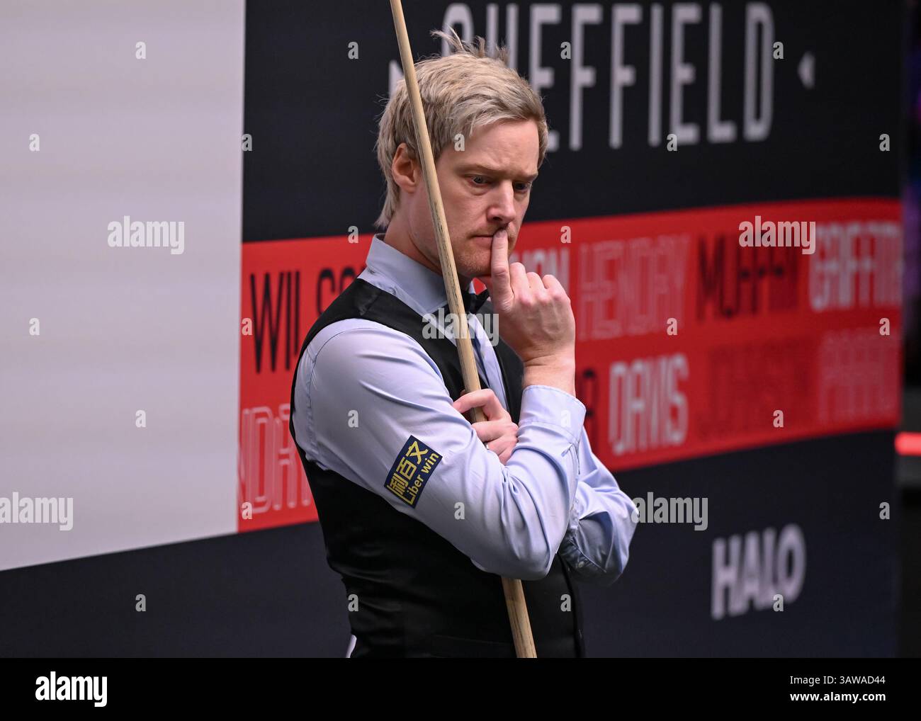 Sheffield, UK. 19th Apr, 2025. Neil Robertson reacts during his Round 1 ...