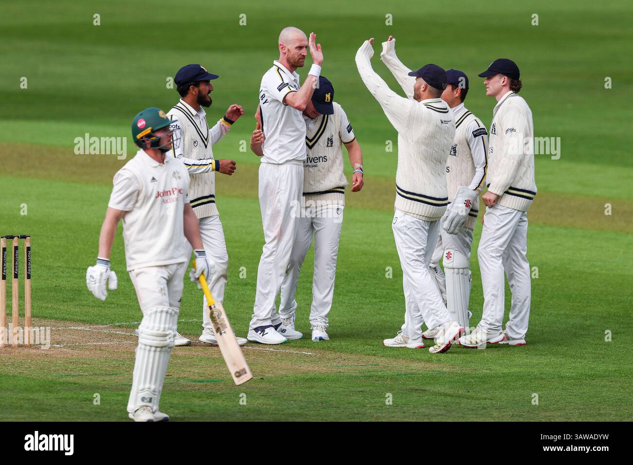 Birmingham, UK. 19th Apr, 2025. #20, Olly Hannon-Dalby of Warwickshire ...