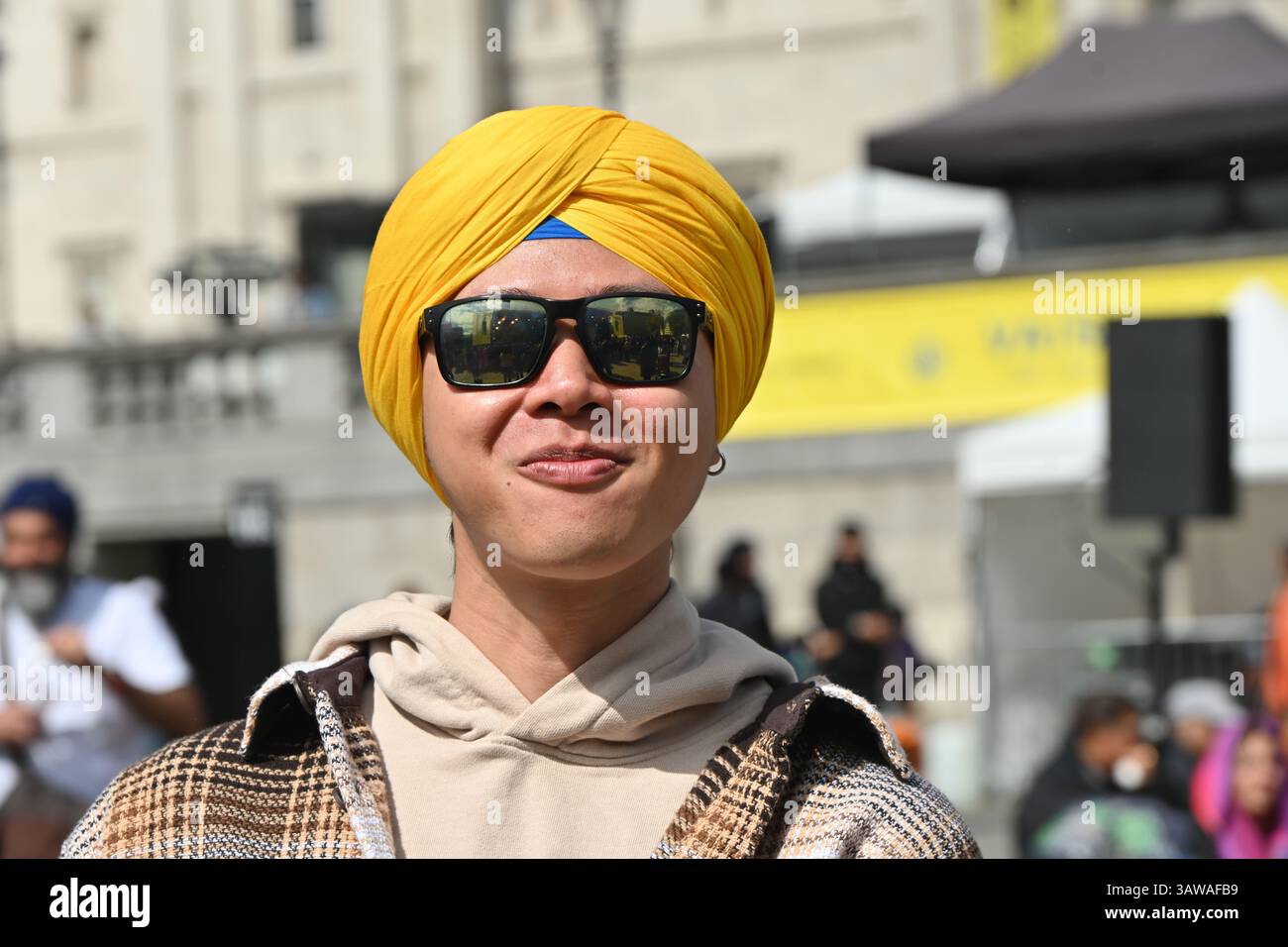 LONDON, ENGLAND - APRIL 19 2025: A Asian guy wearing a Sikh turban at ...