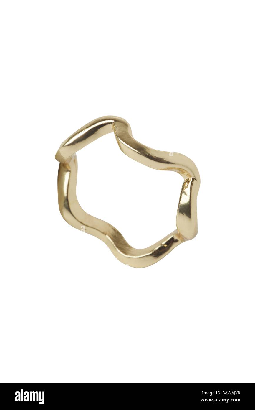 Elegant gold ring with an irregular shape on a white background. This ...