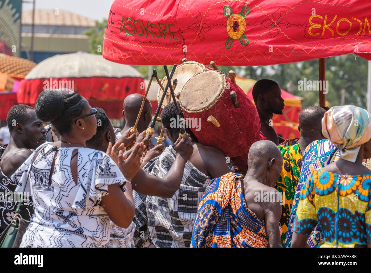 Kumasi, Ghana. Ashanti Akwasidae Festival. Men Beating Drums as Ashanti ...