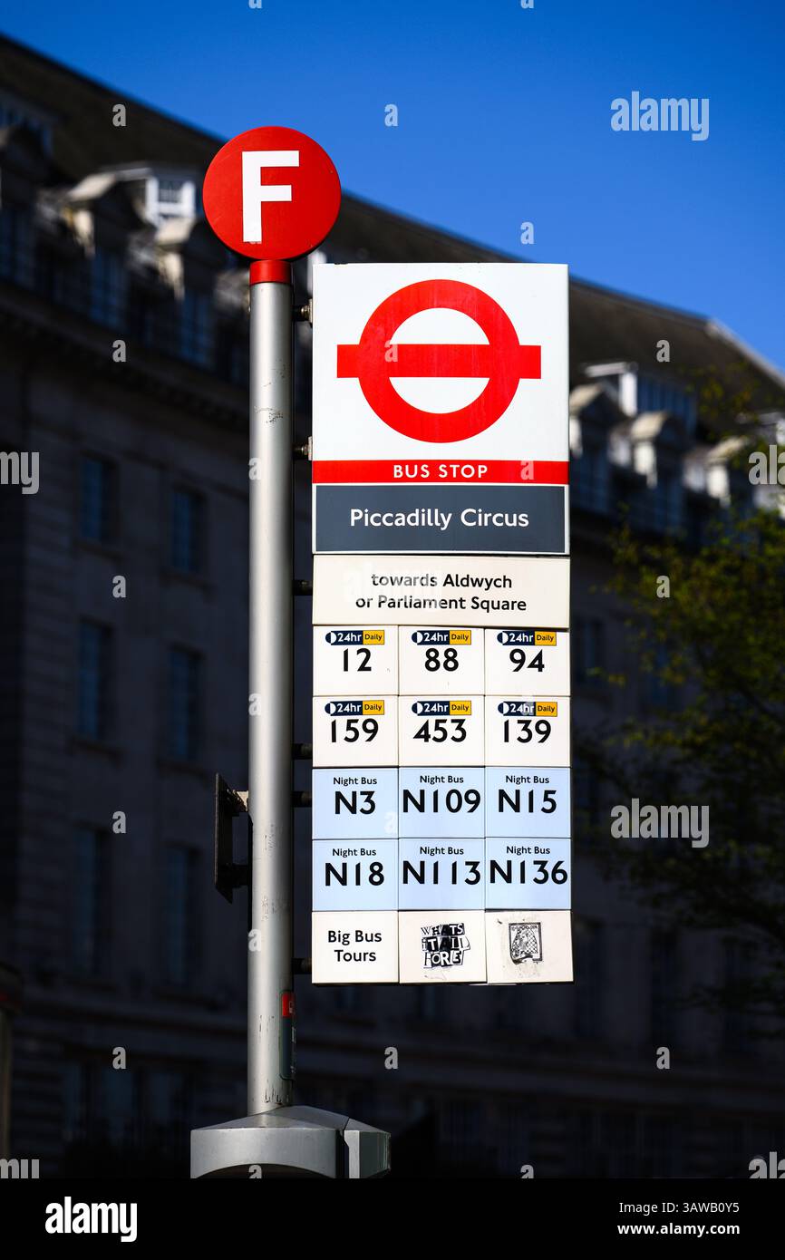 London, UK - April 3, 2025; Transport for London bus stop sign with red ...