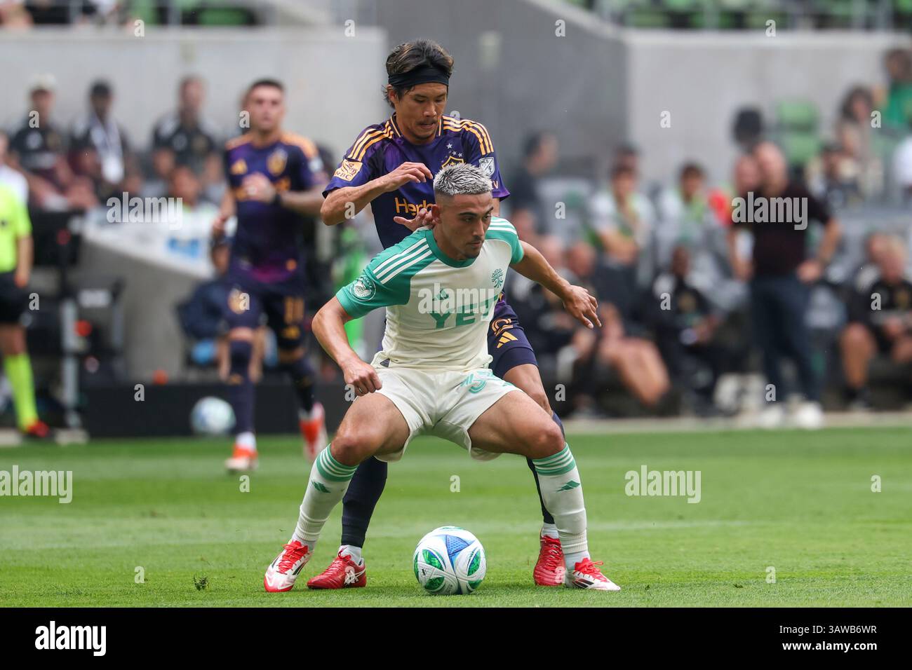 AUSTIN, TX - APRIL 19: Austin FC midfielder Owen Wolff (33) blocks out Los Angeles Galaxy ...