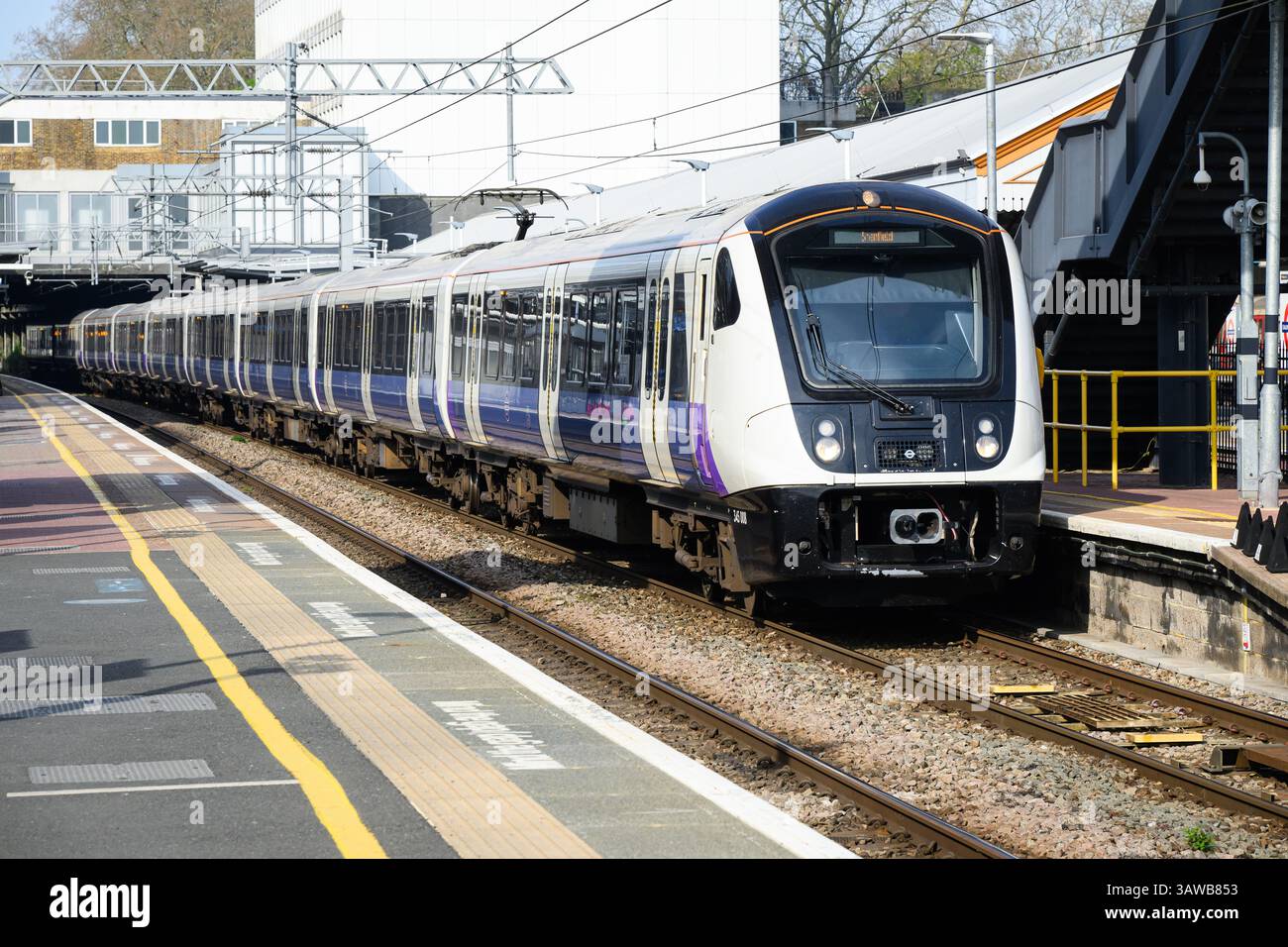 London, UK - April 1, 2025; Elizabeth Line class 345 electric multiple unit train enroute to ...