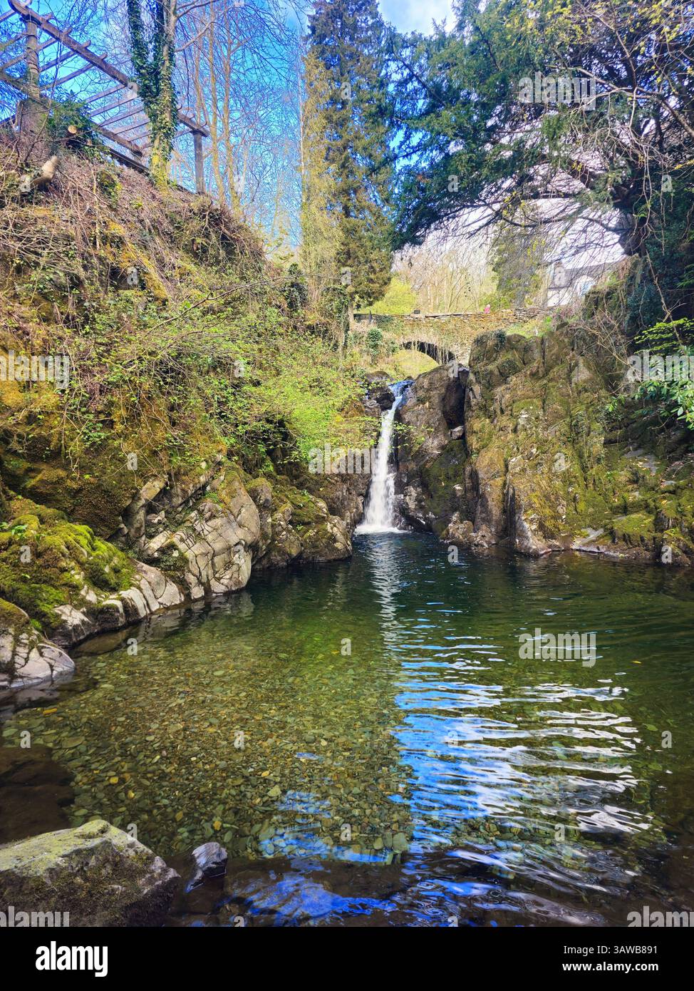 A picturesque view of Rydal Falls in the Lake District, UK. This scenic ...