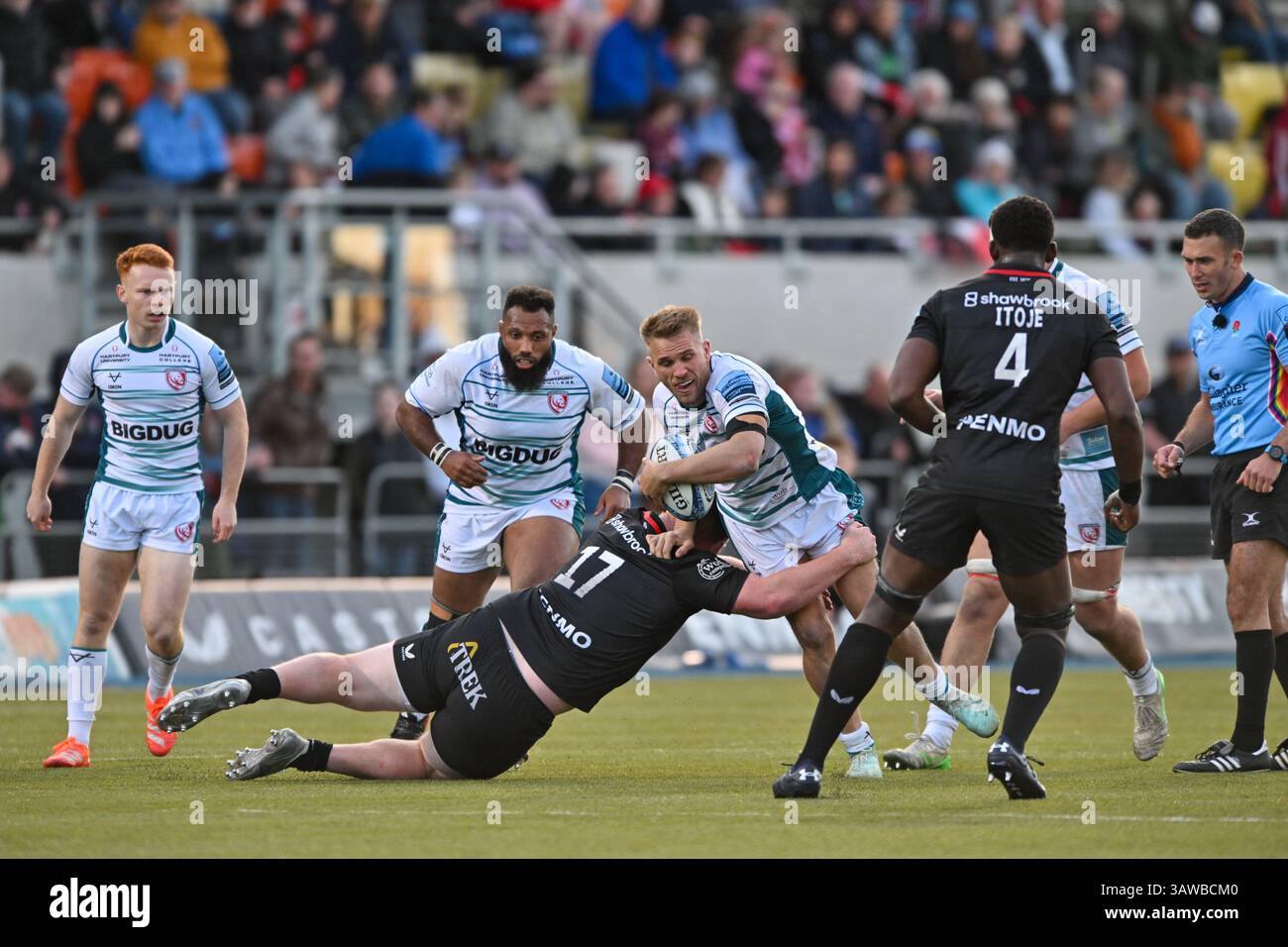 London, England on 19 April 2025. Rhys Carre of Saracens tackles during ...