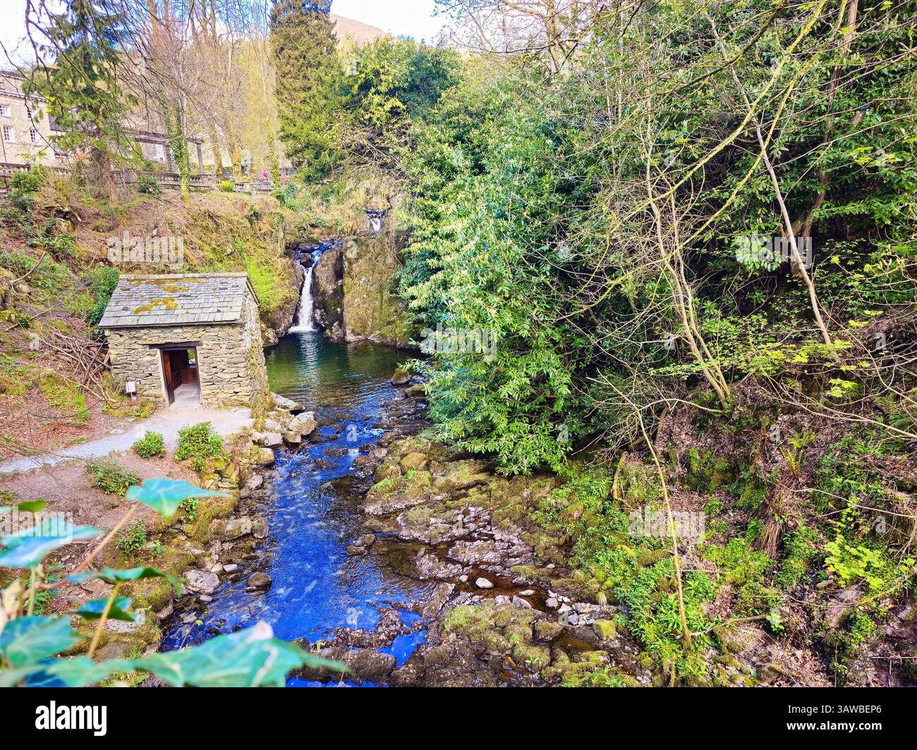 A picturesque view of Rydal Falls in the Lake District, UK. This scenic ...