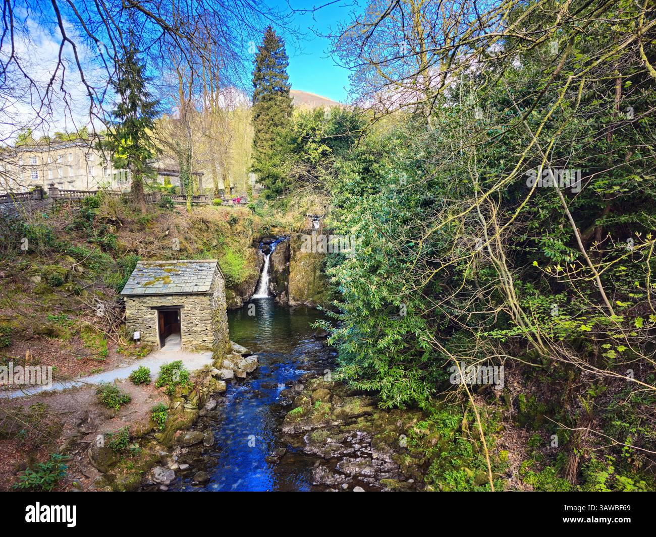 A picturesque view of Rydal Falls in the Lake District, UK. This scenic ...