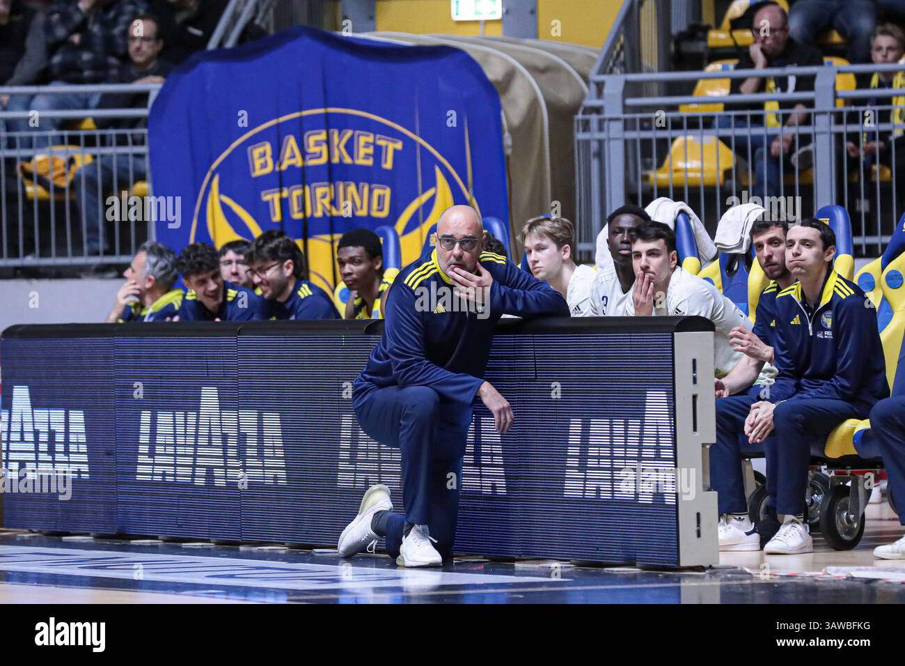 Turin, Italy. 19th Apr, 2025. Paolo Moretti (head coach Reale Mutua Basket Torino) during Reale ...