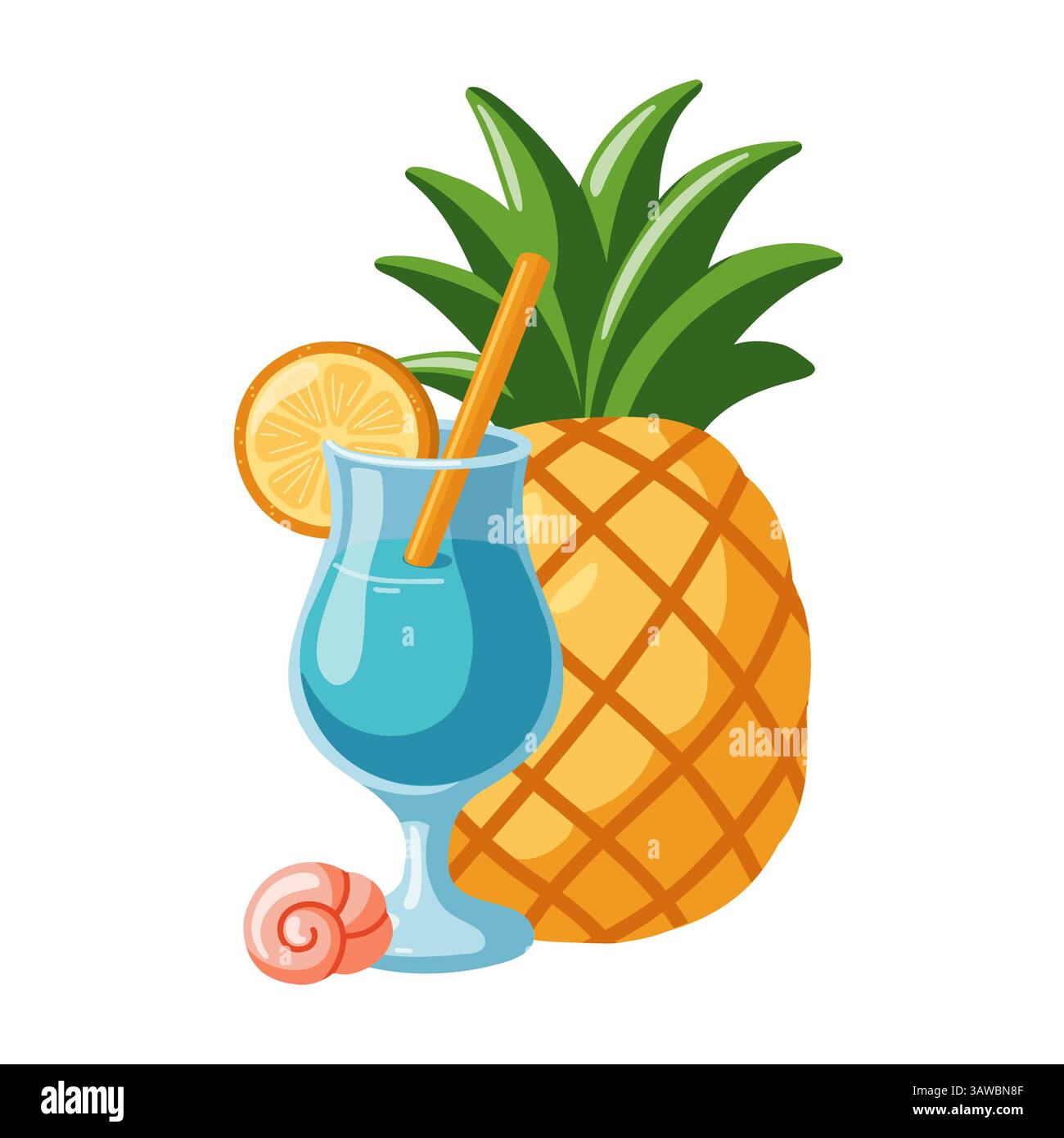 Cartoon Tropical whole Pineapple and blue Cocktail with lemon slice and ...