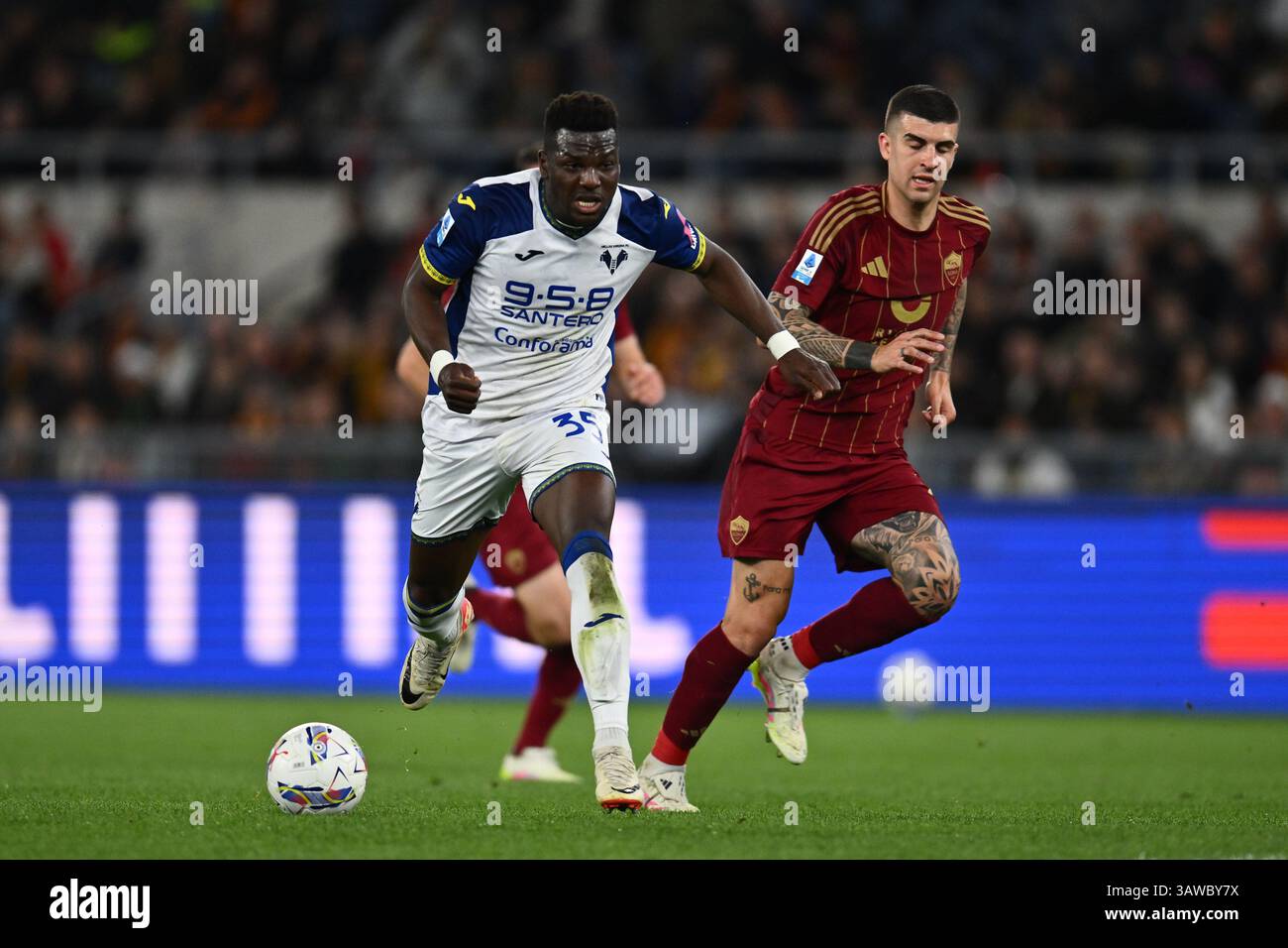 Rome, Italy. 19th Apr, 2025. Daniel Mosquera of Hellas Verona F.C. is ...