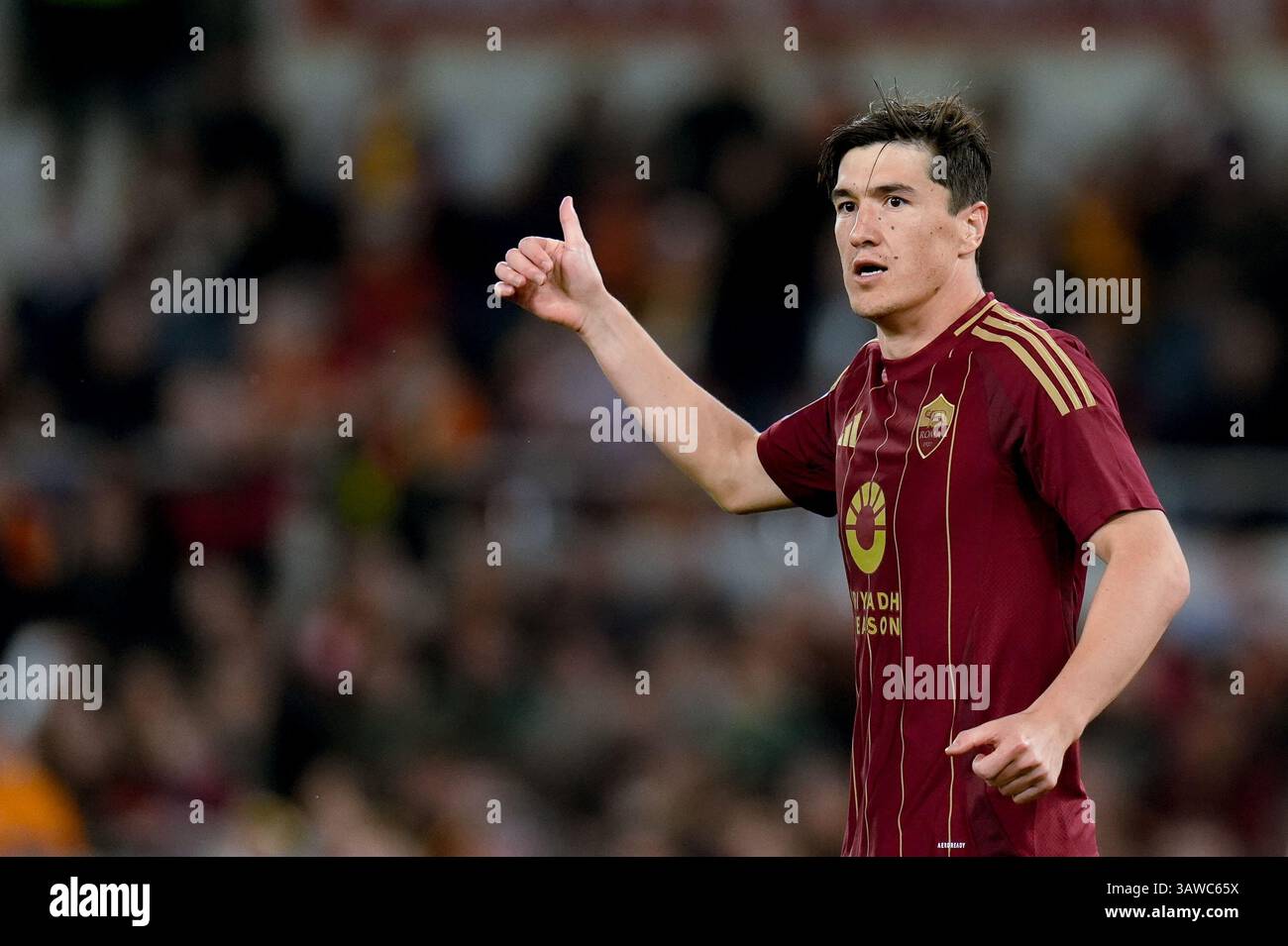 Rome, Italy. 19th Apr, 2025. Eldor Shomurodov of AS Roma gestures ...