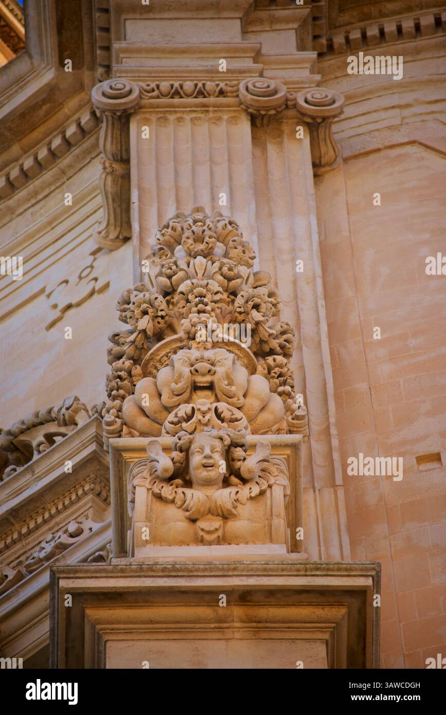 Italy, Puglia, Lecce. Architectural detail of the Roman Catholic church ...