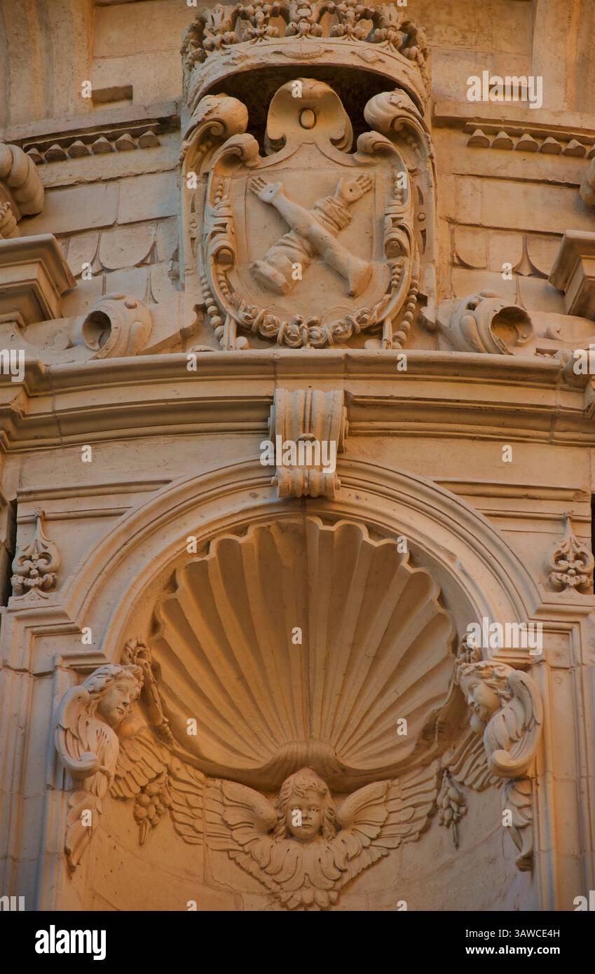 Italy, Puglia, Lecce. Architectural detail of the Roman Catholic church ...