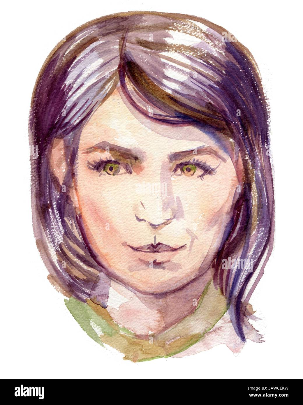 Watercolor woman portrait with green eyes and violet hair. Hand drawn ...