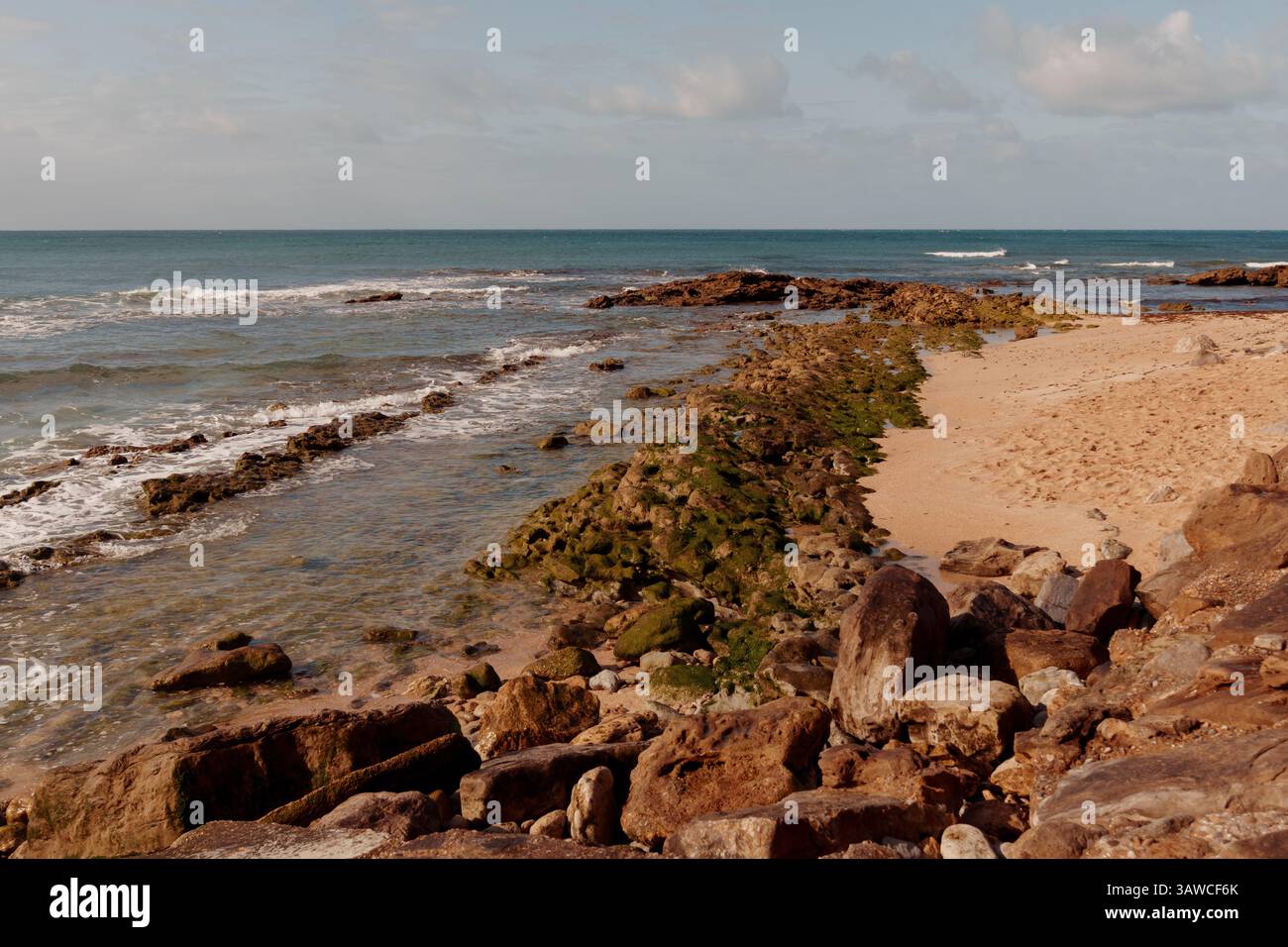 Powerful waves breaking against moss-covered rocky shoreline, dramatic ...