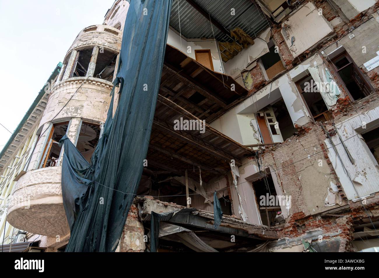 A destroyed residential building is seen on Holy Saturday in Kharkiv’s ...