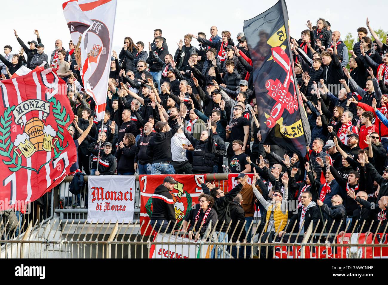 Monza, Italy. 19th Apr, 2025. flags AC Monza supporters during serie A ...