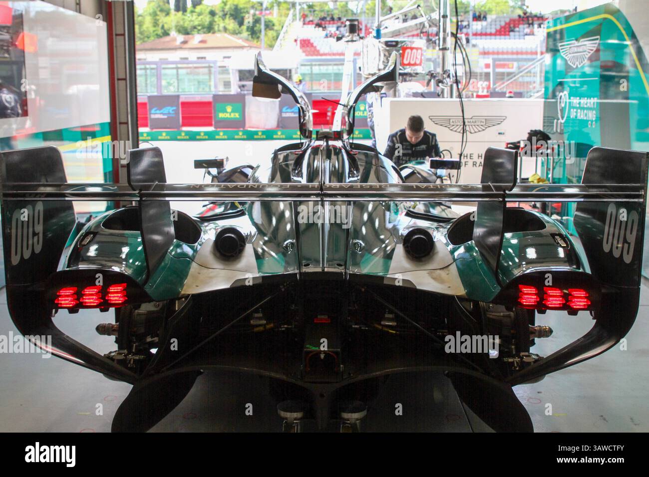 The rear of the Aston Martin Valkyrie AMR Pro is seen inside the garage ...
