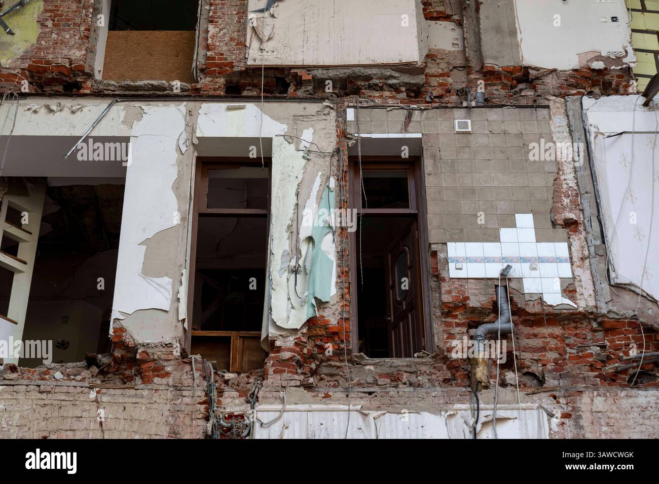 A destroyed residential building is seen on Holy Saturday in Kharkivs ...