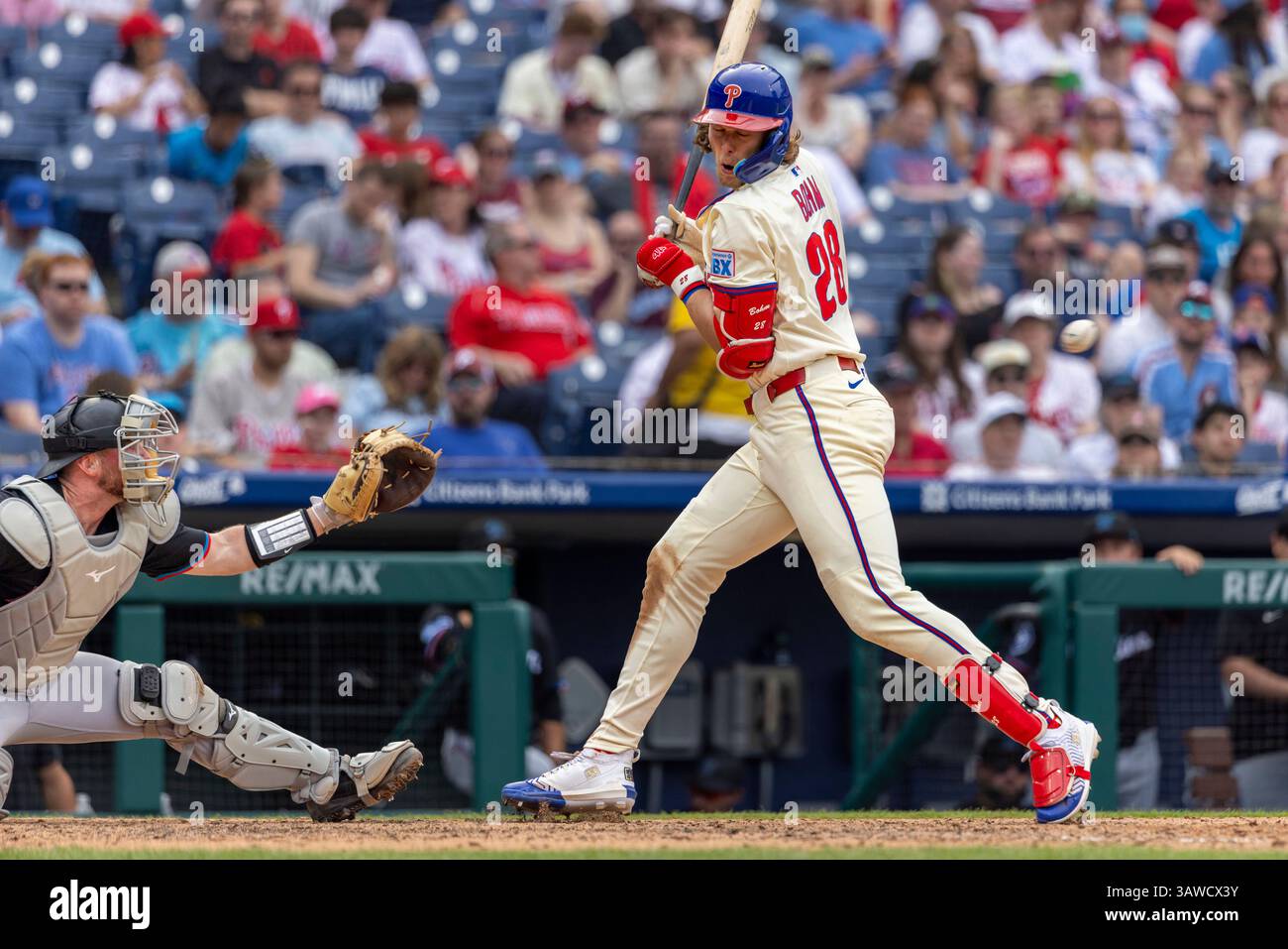 Philadelphia Phillies' Alec Bohm is hit by a pitch in the eighth inning ...
