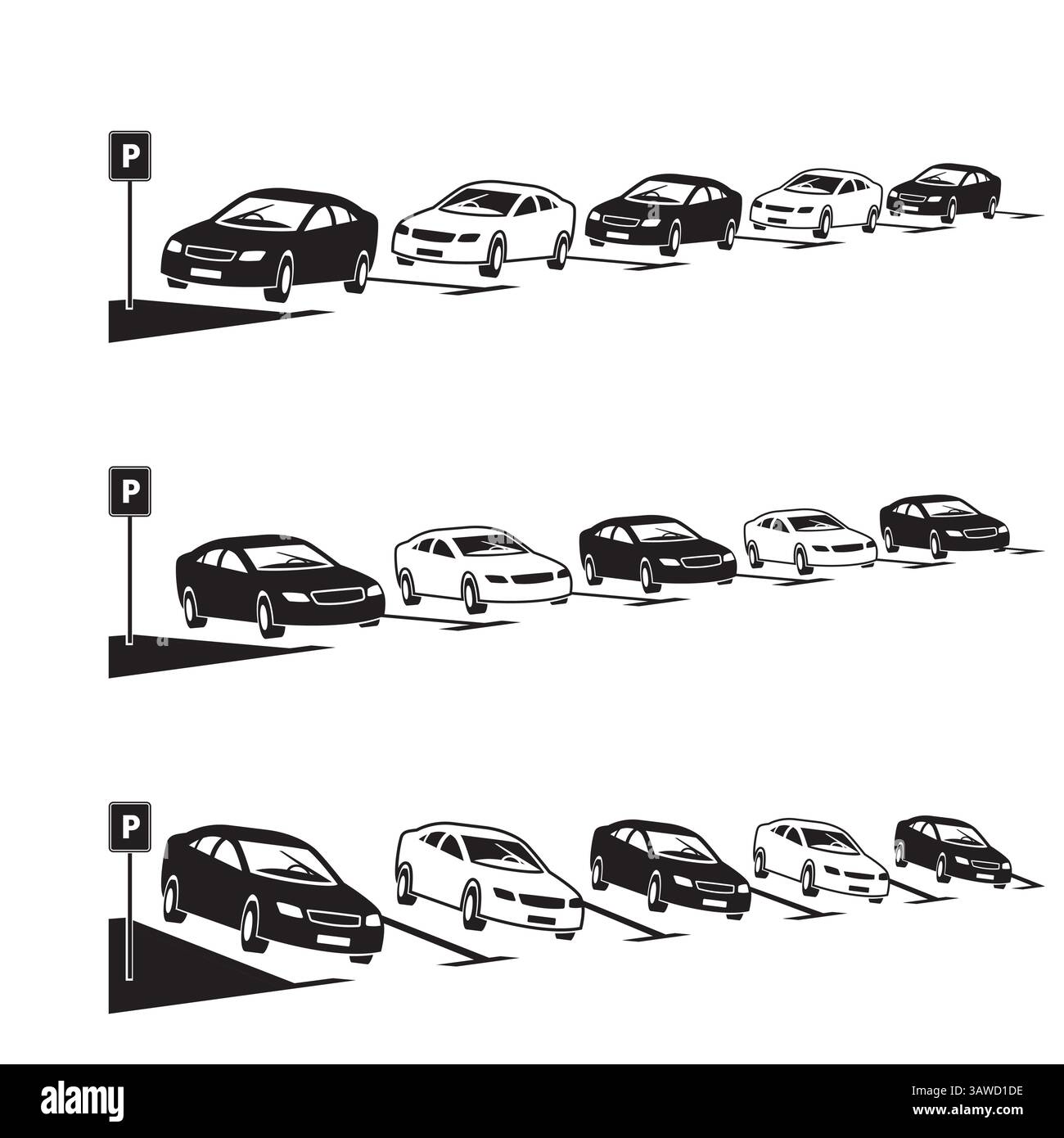 Angle, parallel and perpendicular car parking spaces - vector ...