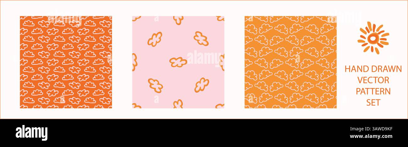 Vibrant fall cloud sunshine seamless nursery pattern set. Naive ...