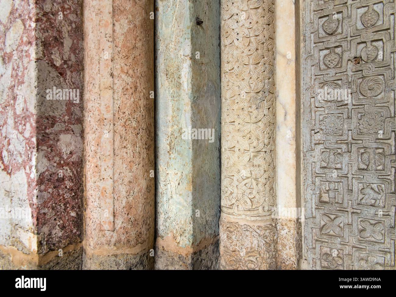 Detail of stone carved masonry on the exterior of the Basilica of Sant ...