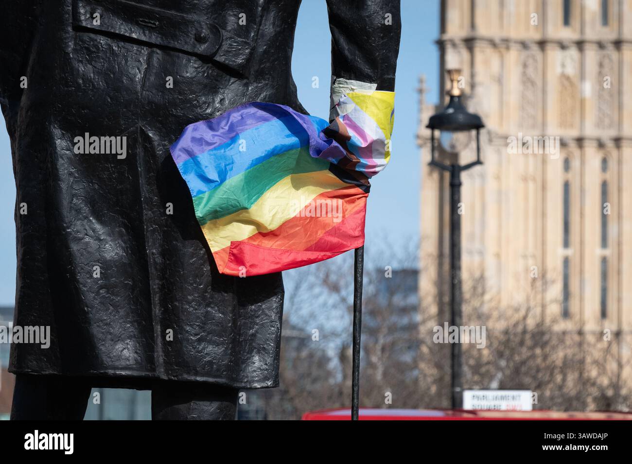 London, UK. 19 April, 2025. The statue of Sir Winston Churchill is ...