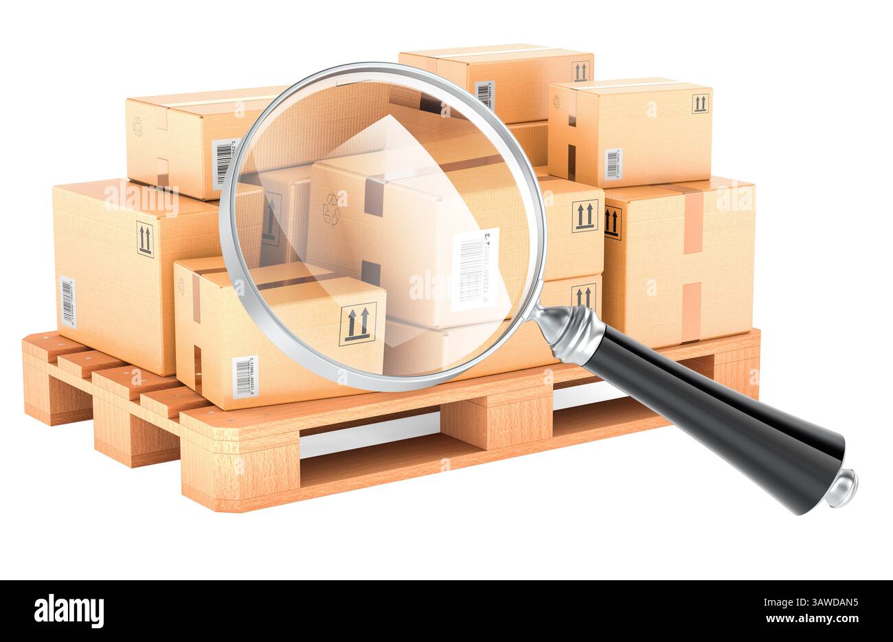 Wooden pallet with parcels under magnifying glass, loupe. Parcel ...