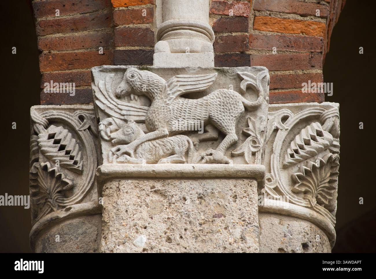 Detail of stone carved masonry on the exterior of the Basilica of Sant ...