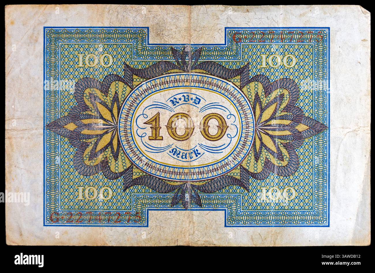 Vintage German banknote (reverse). 100 Mark Reichsbanknote 1920, from ...
