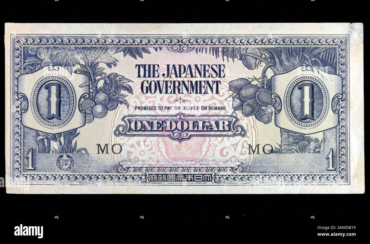 Japanese government one dollar banknote. Issued in Malaya (now Malaysia ...
