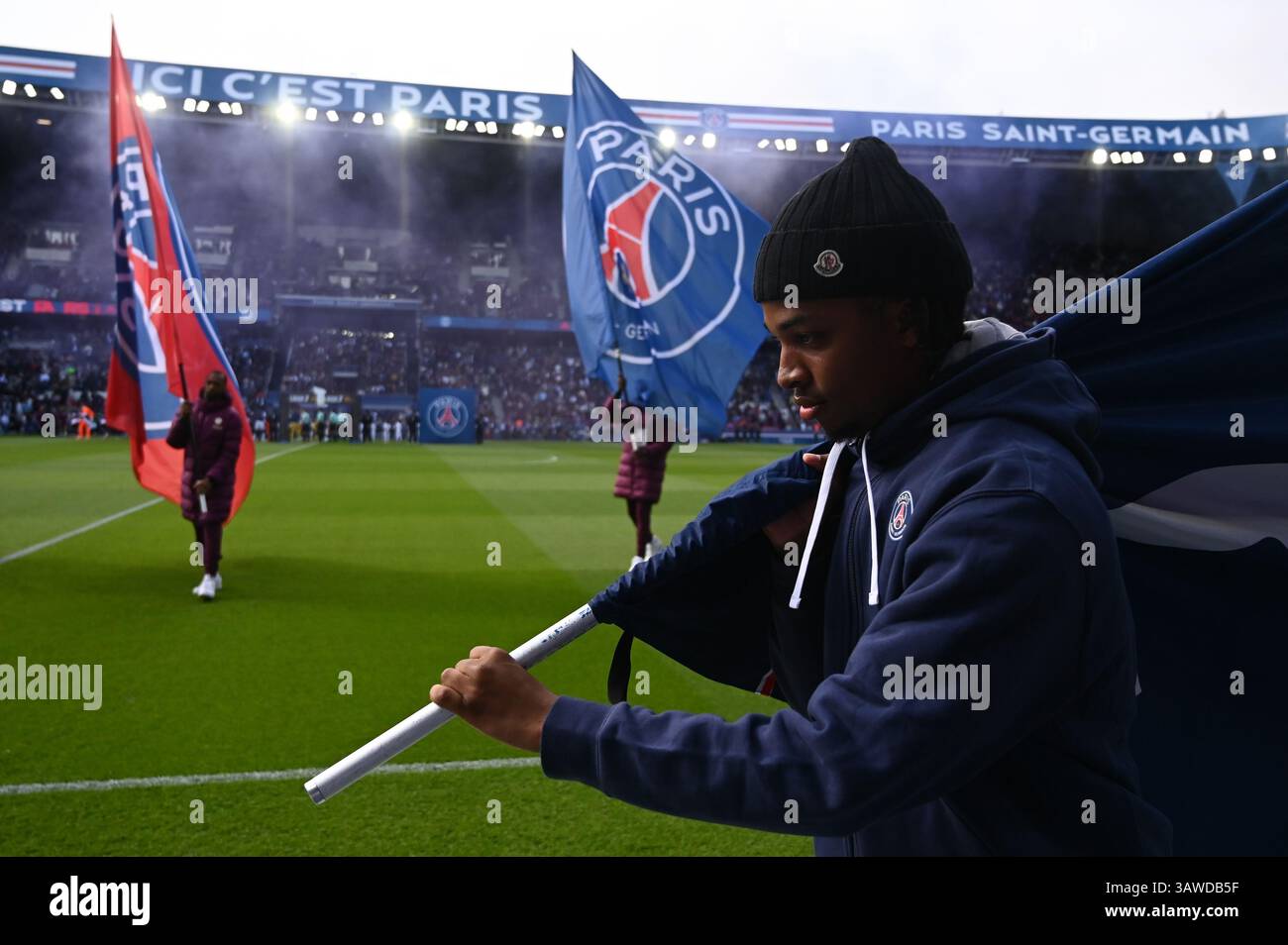 Paris, France. 19th Apr, 2025. PSG flag bearers during the Ligue 1 Mc ...