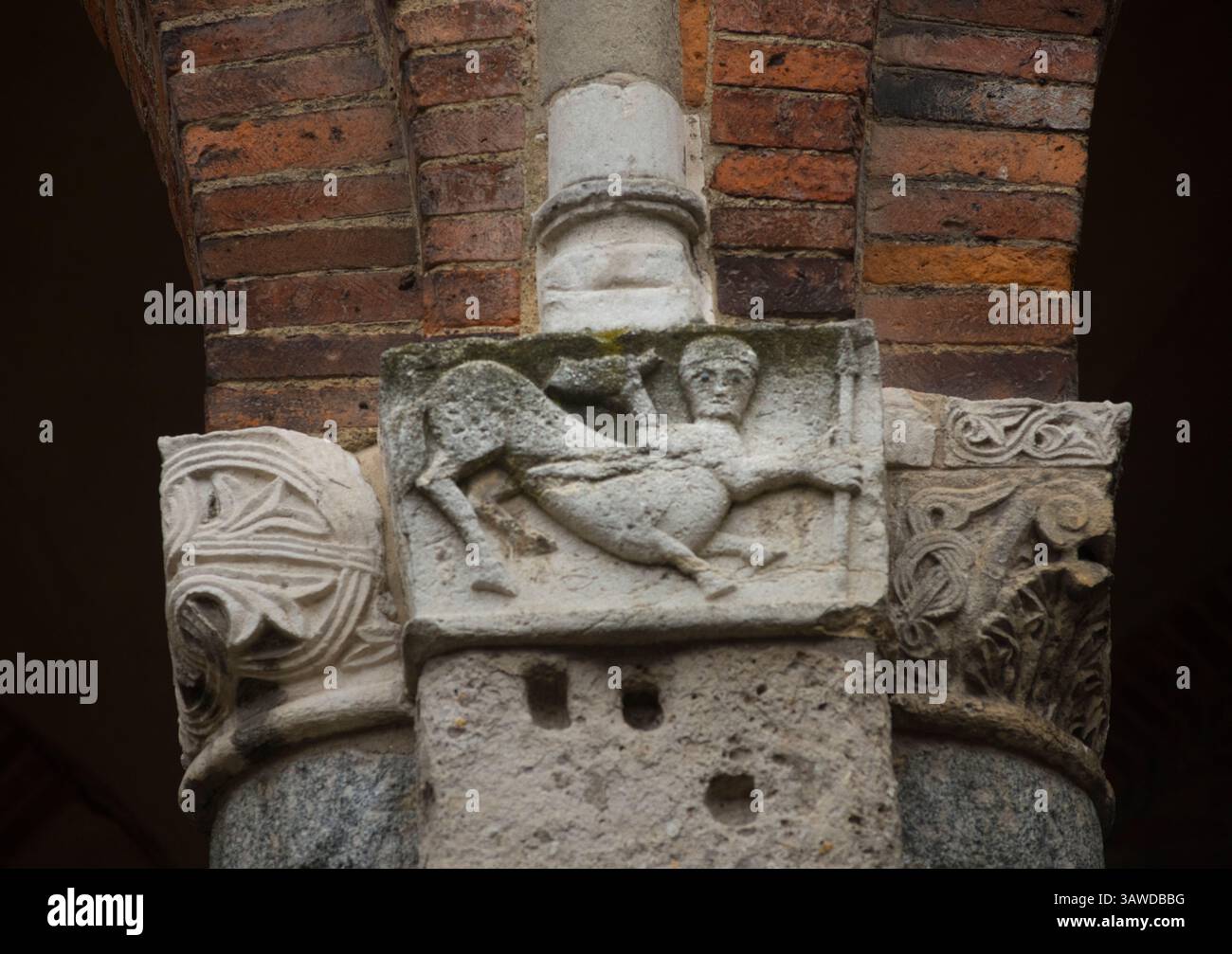 Detail of stone carved masonry on the exterior of the Basilica of Sant ...