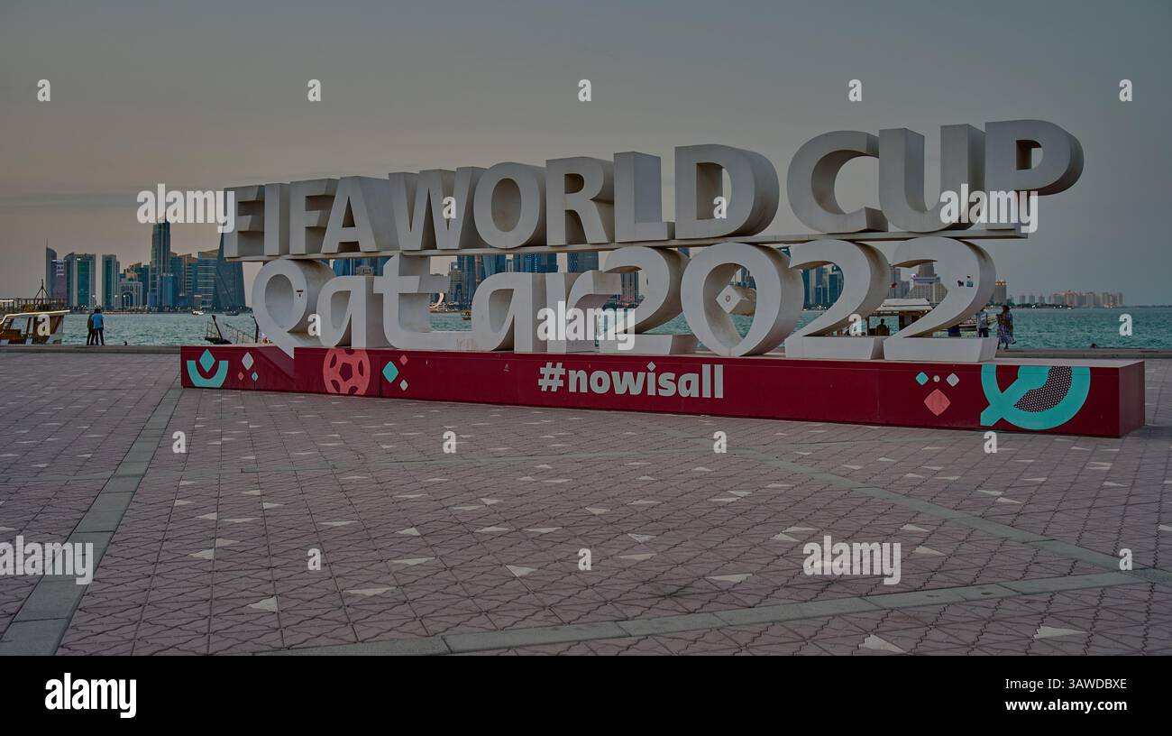 Doha corniche , Qatar showing FIFA World Cup Qatar 2022 sign with ...